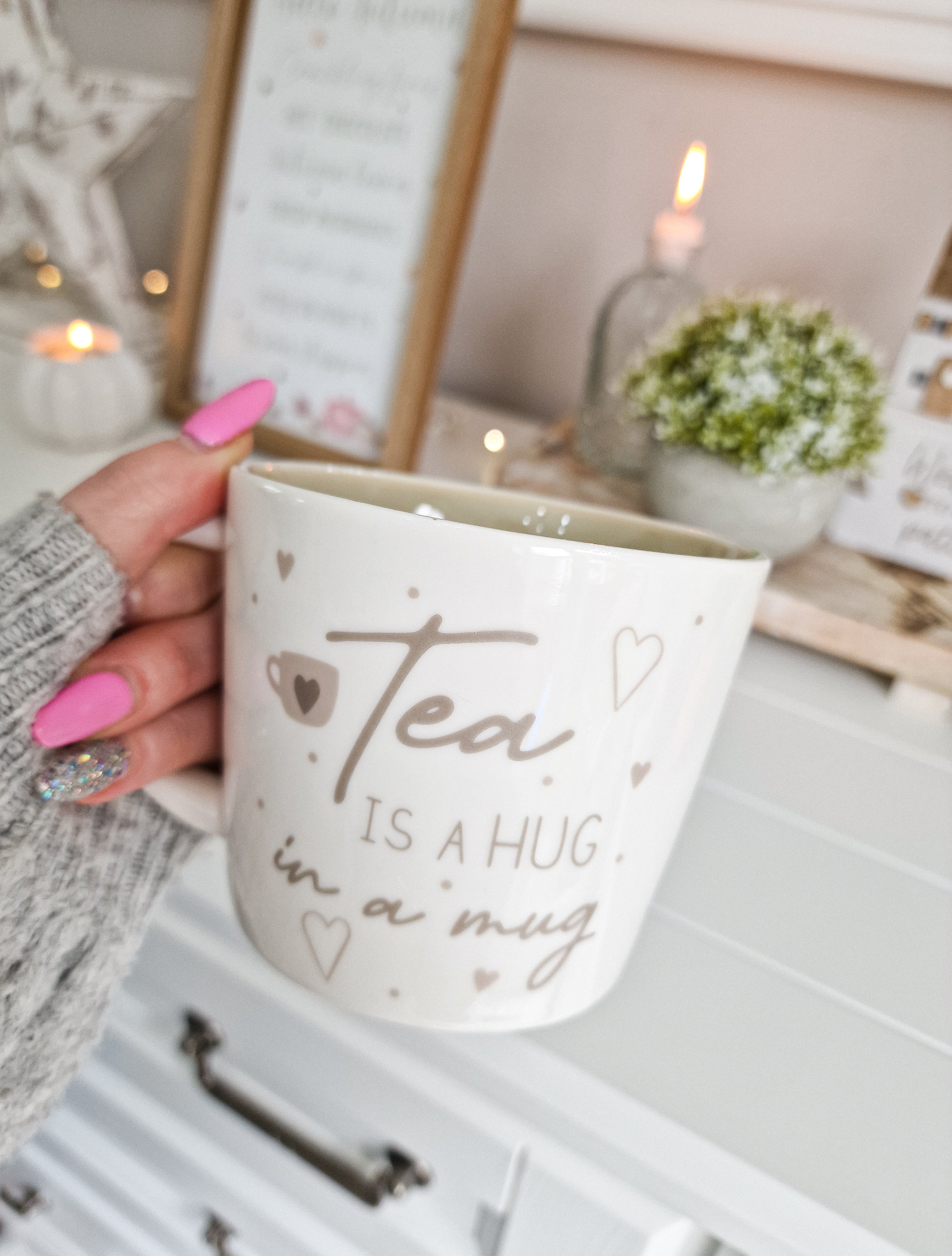 Tea... Hug In A Mug Grey & White Heart Mug – Peony Blossom Interiors