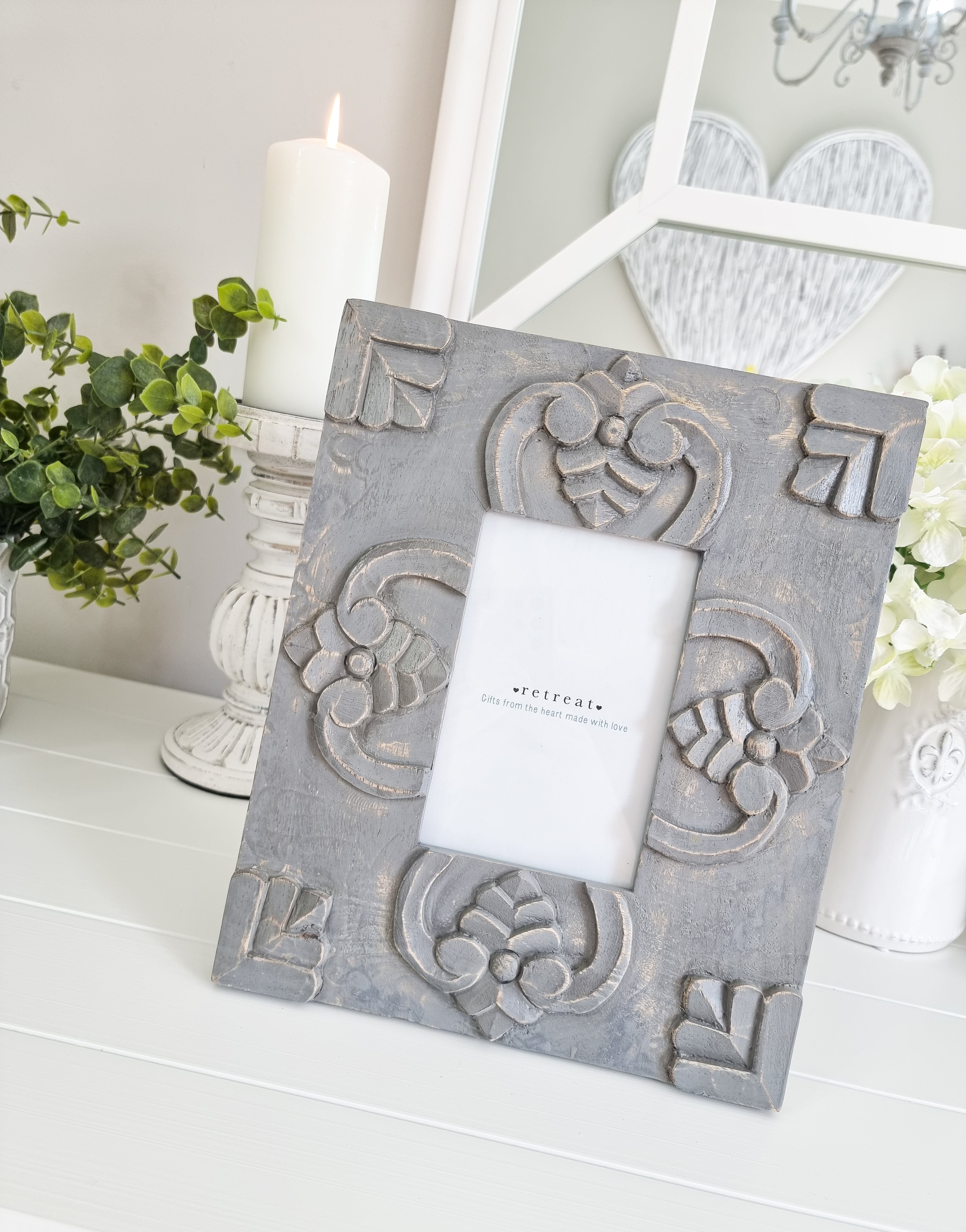Grey Natural Wood Hand Carved Photo Frame – Peony Blossom Interiors