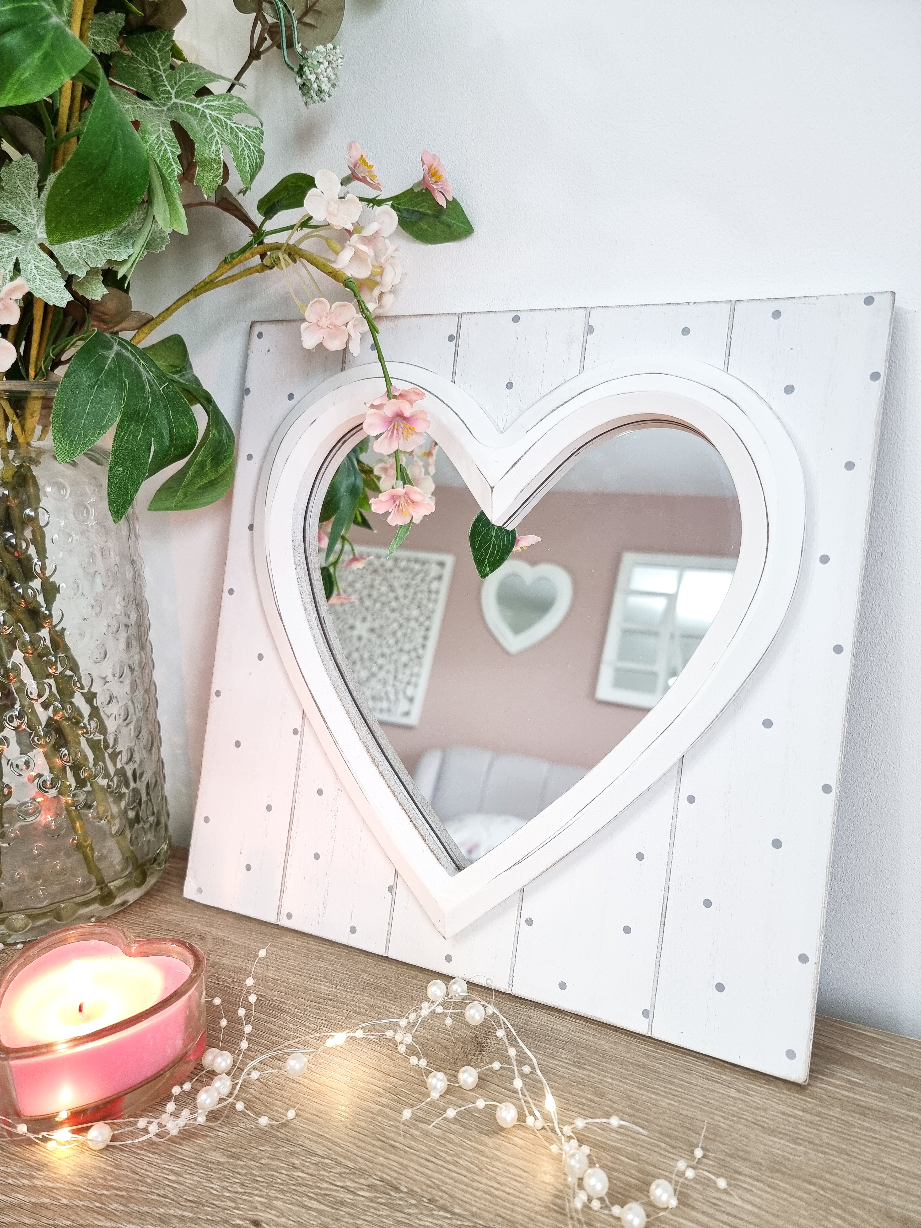 Grey Polka Dot Mirror With White 3D Heart – Peony Blossom Interiors