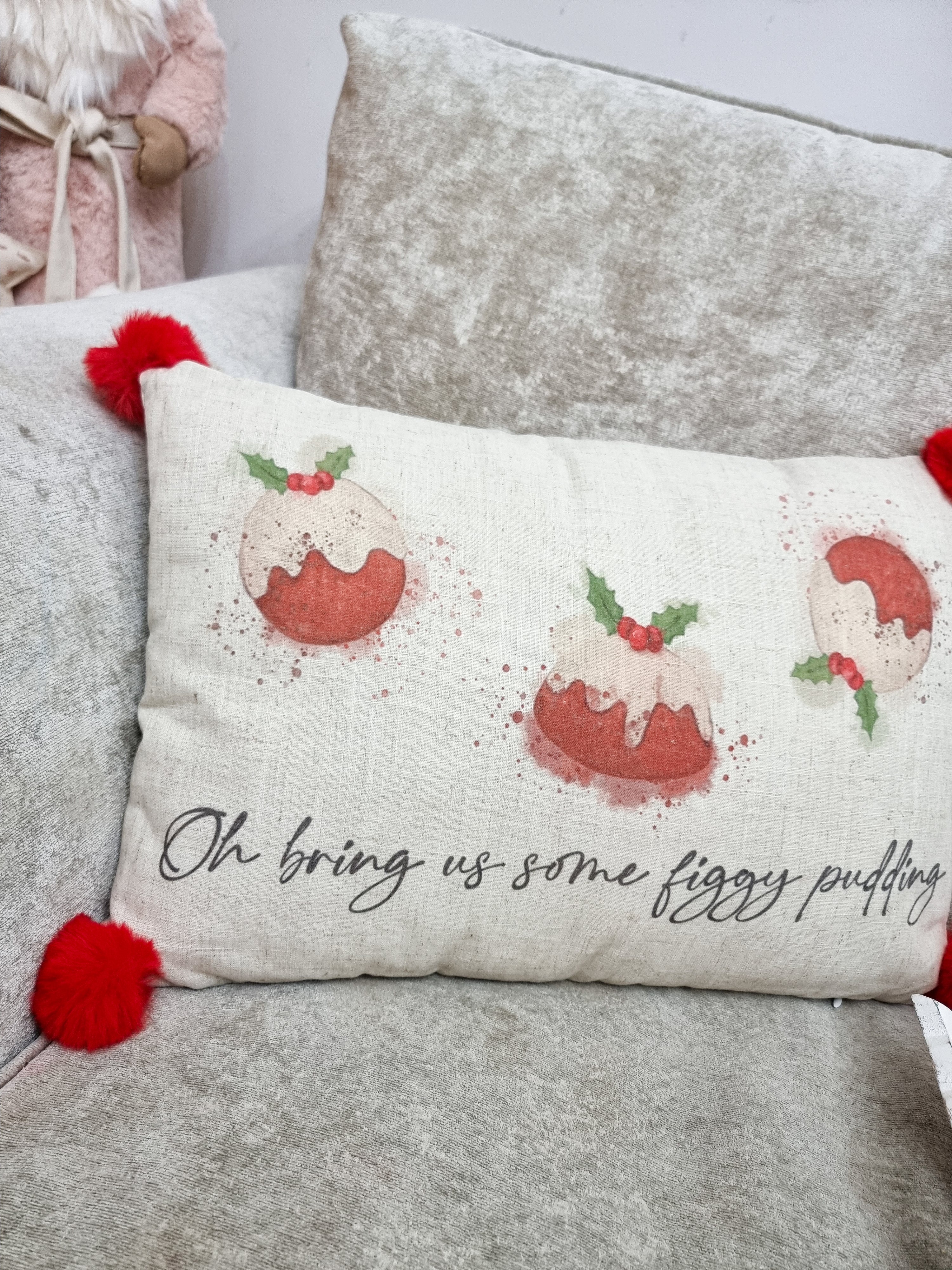 Red Pom Pom Figgy Pudding Christmas Cushion – Peony Blossom Interiors