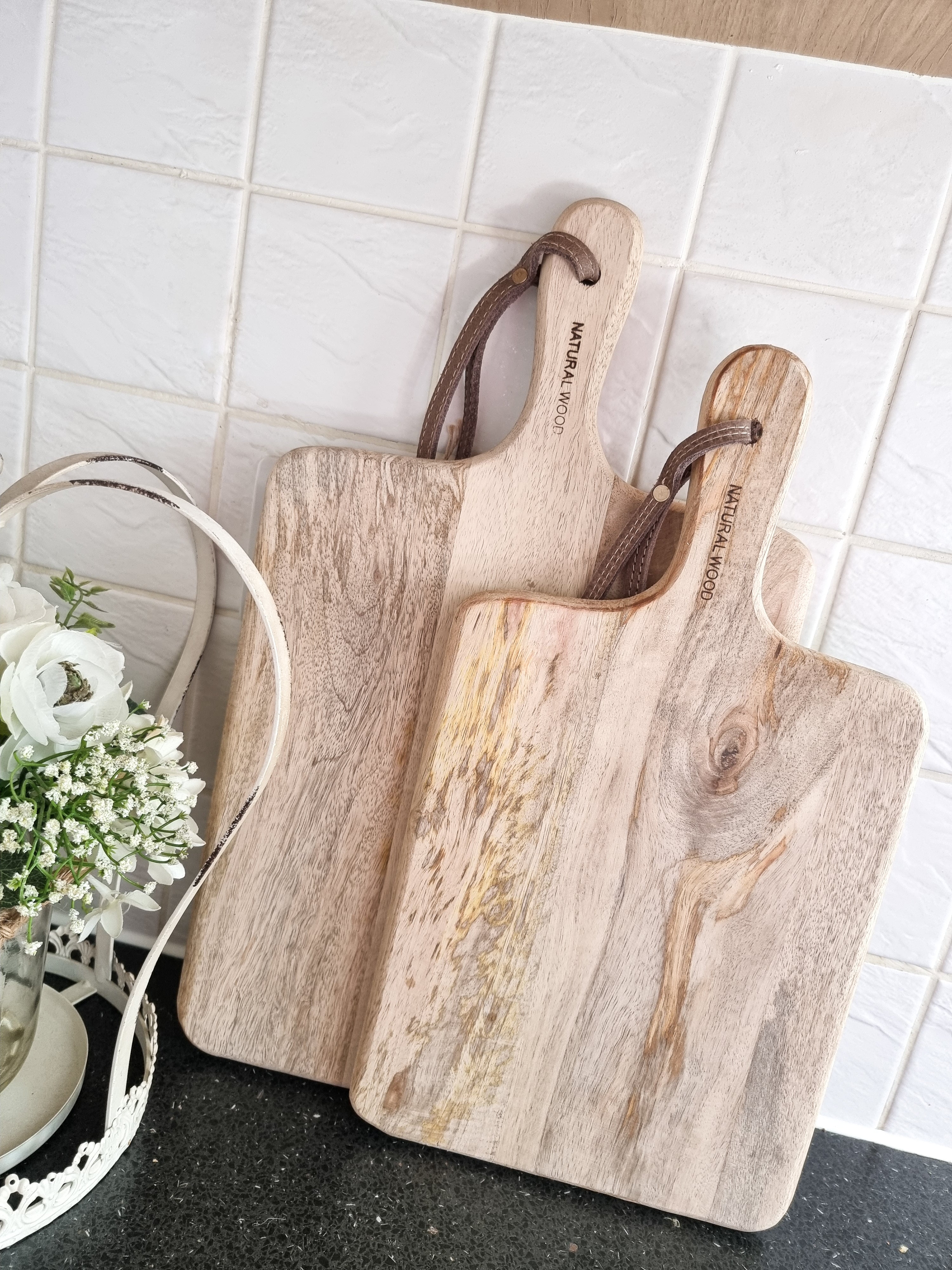 Natural Wood Chopping Board With Leather Handle - Peony Blossom Interiors